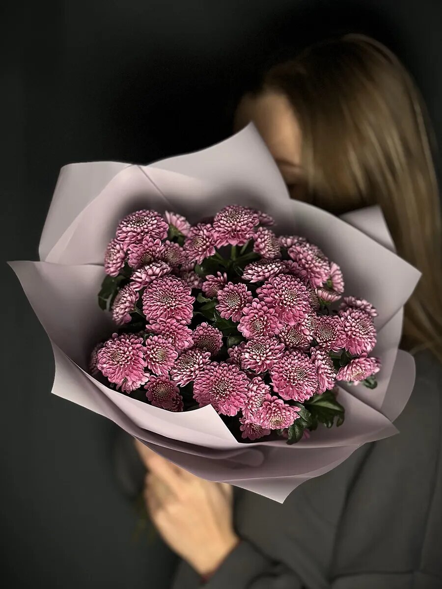 Монобукет "Сантини", хризантемы, 9 цветов, фиолетовые, 50 см