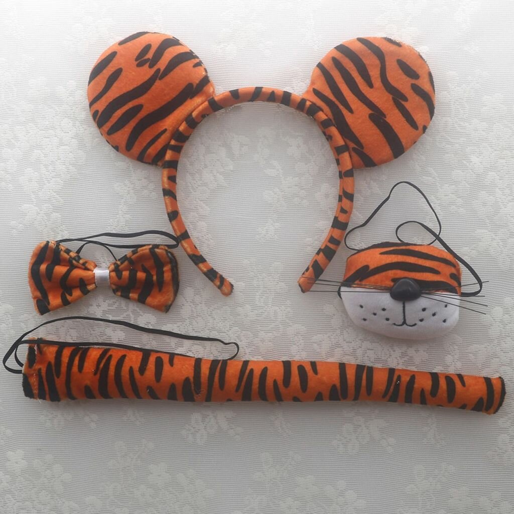 (1 комплект) Костюм Tiger cos-супер мягкий костюм с круглыми ушами тигра из 4 предметов оранжевой и черной газовой юбкой
