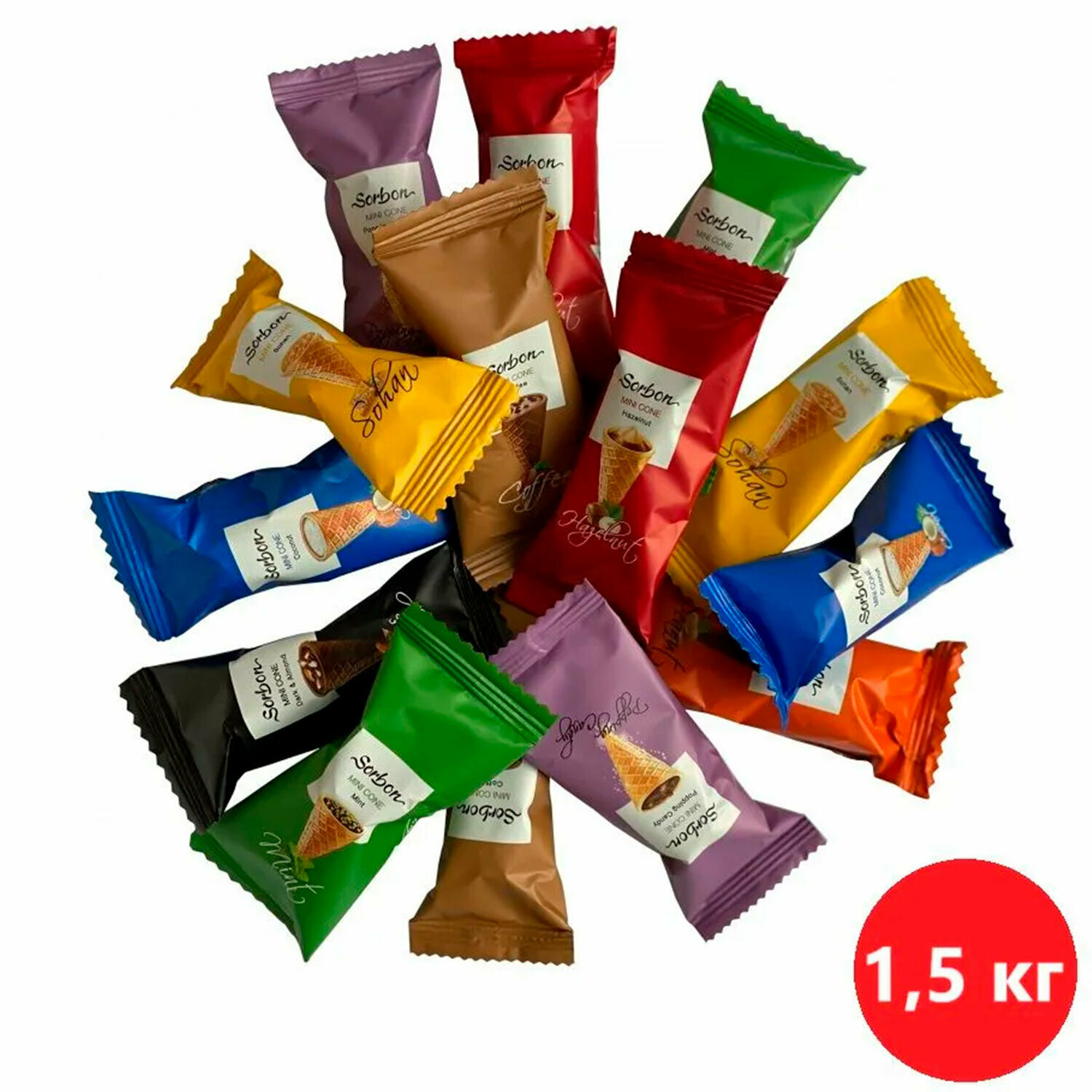 Конфеты мини-рожки в индивидуальной упаковке SORBON "Ассорти Радуга", 1500 г