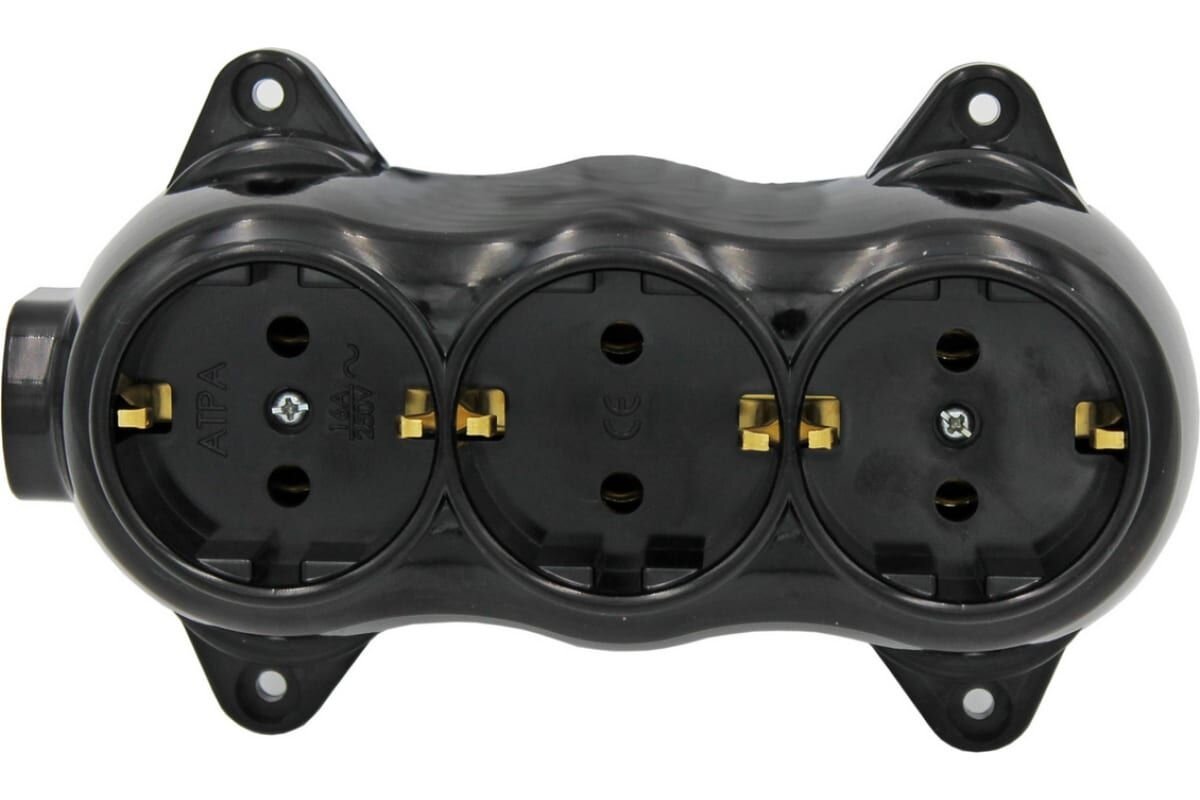 Ретро розетка трехместная, черный глянец, Bylectrica