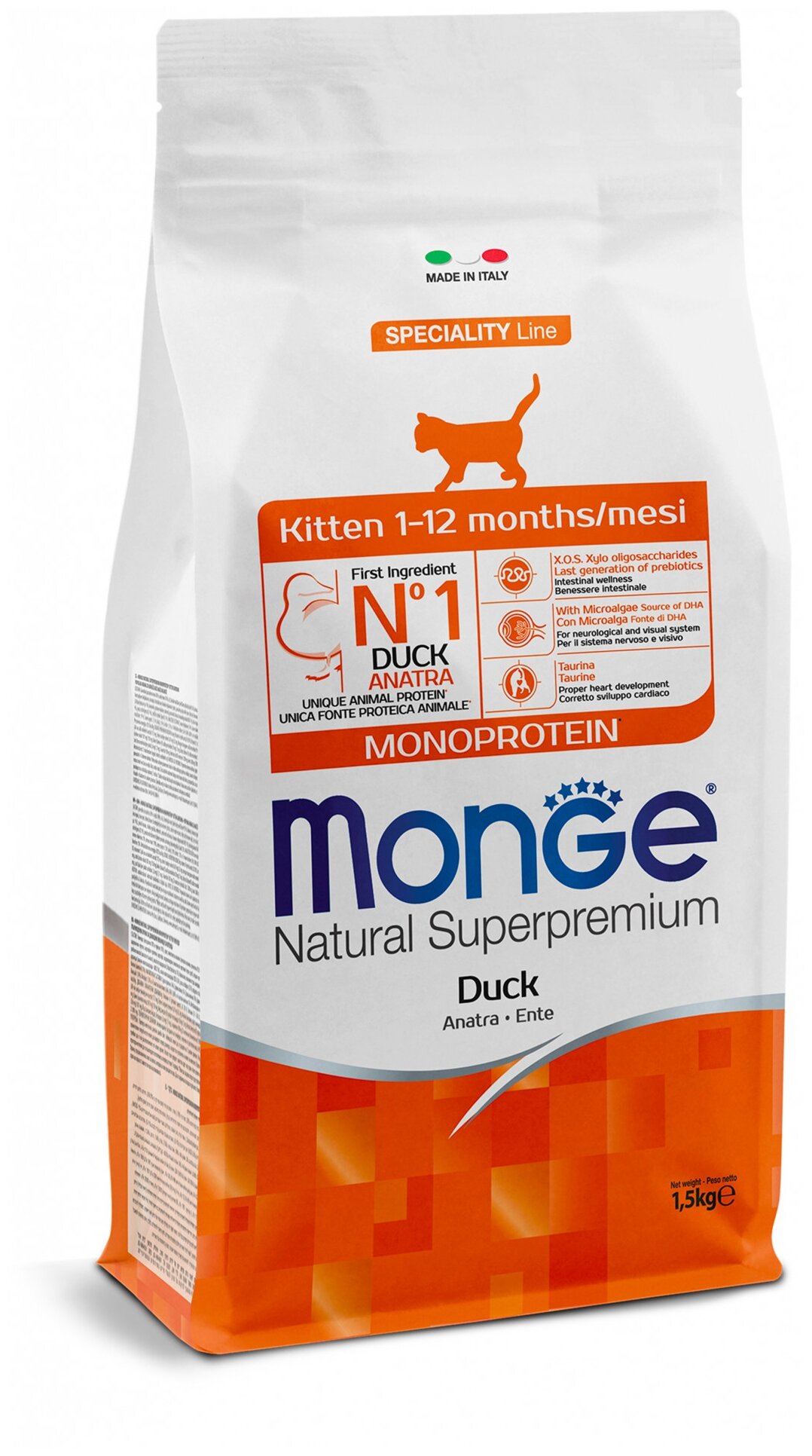 Сухой корм для котят Monge Natural Superpremium Cat Monoprotein Kitten Duck, с уткой, 1.5 кг