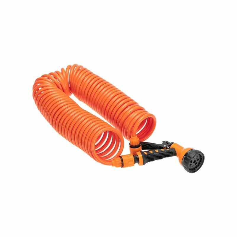 Шланг спиральный, 15м х 8мм, пистолет-распылитель, 2 коннектора, адаптер четыре сезона