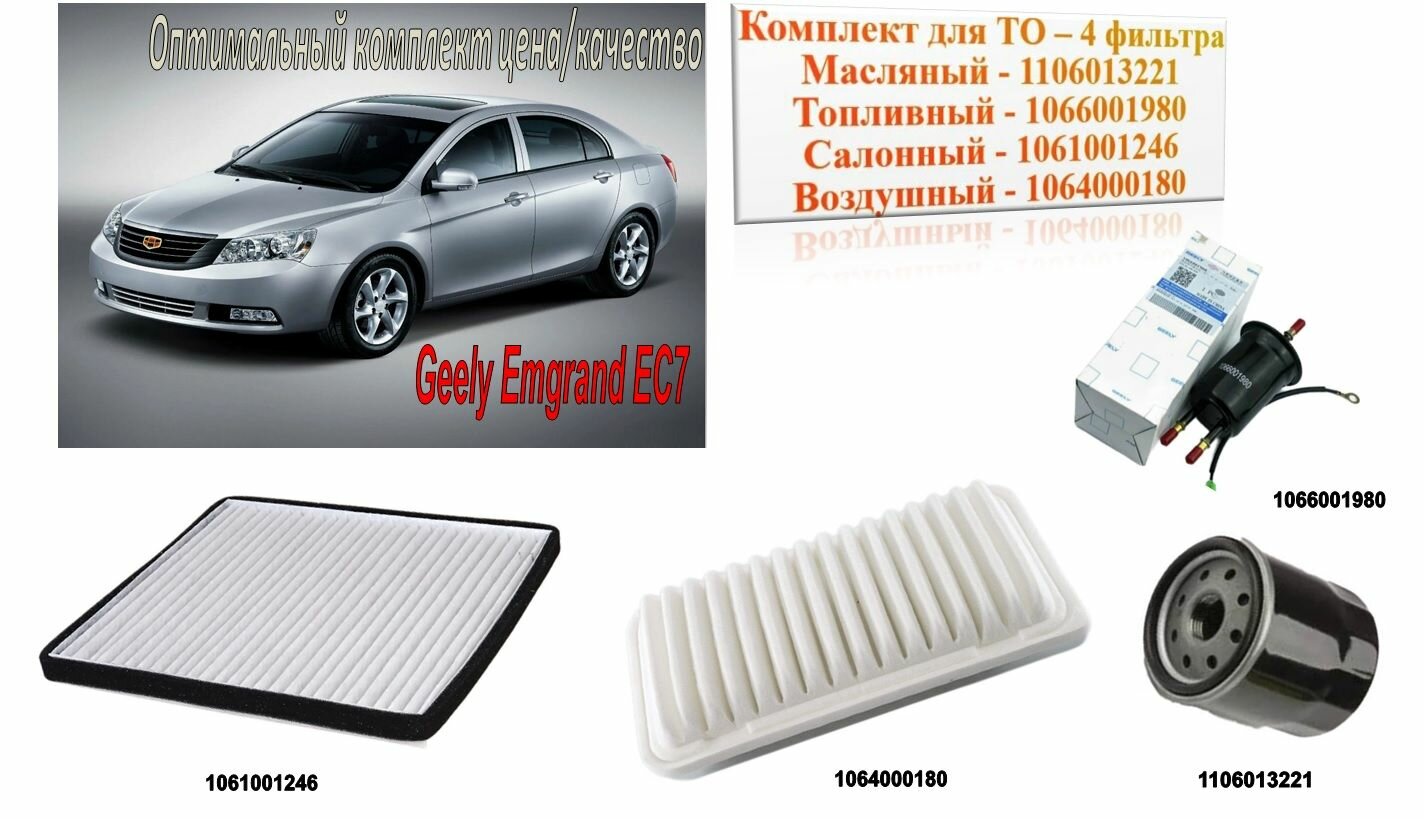 Комплект ТО Geely Emgrand EC7 (Джили Эмгранд 7) Фильтр воздушный+масляный+салонный+топливный