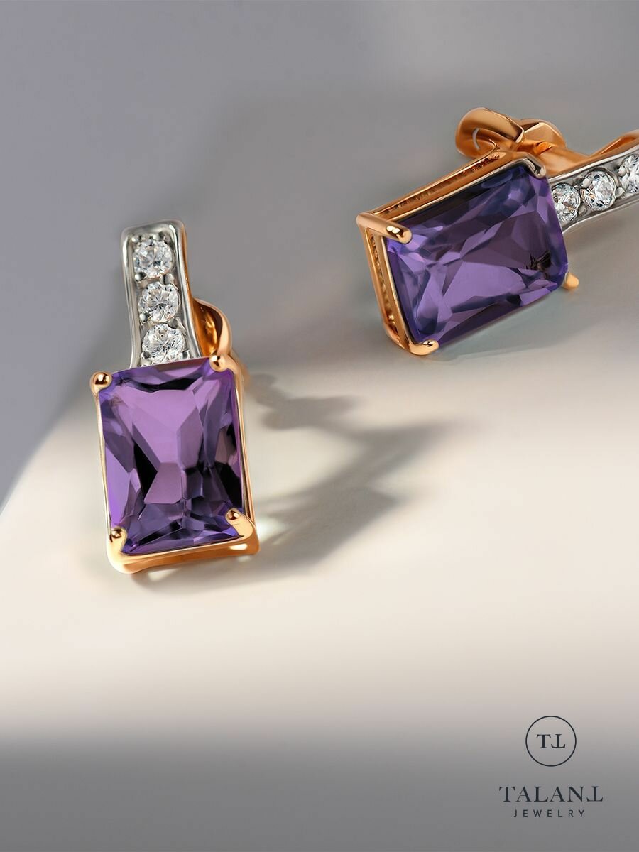 Серьги пусеты TALANT, красное золото, 585 проба, родирование, аметист, фианит, , фиолетовый, золотистый — фото 1