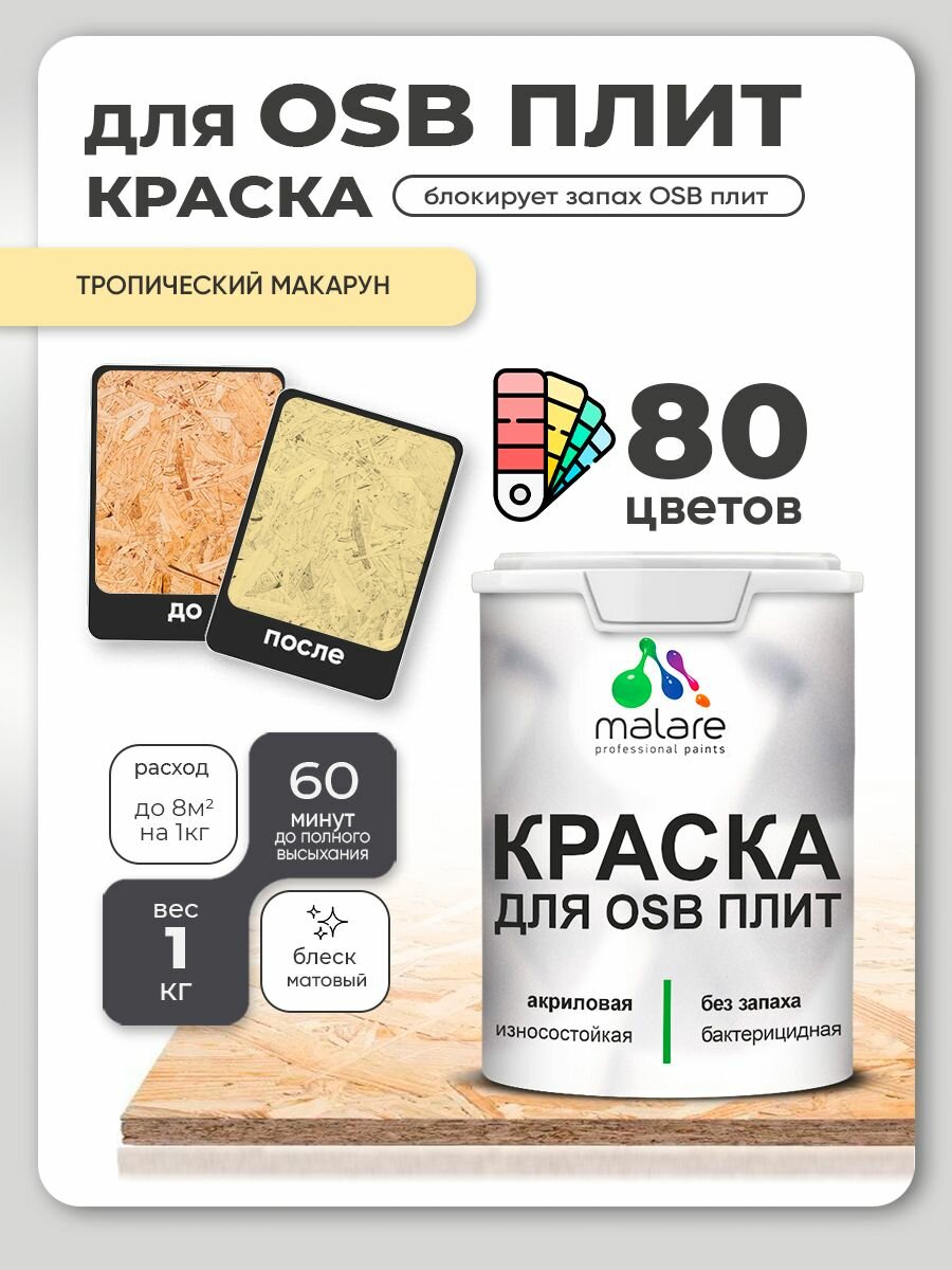 Акриловая краска для ОСБ плит Malare для дерева для наружных и внутренних работ, быстросохнущая без запаха матовая, туманная лазурь, 1 кг