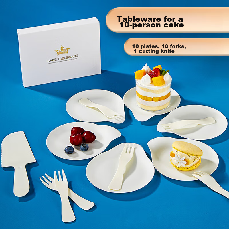 SHUANG YU Disposable Cake Tableware Set for 10 People, Including Cake Plates, Forks, Knives, Dessert Plates, Fruit Plates, And Pastry Dishes