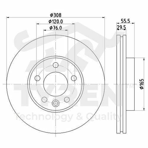 Диск тормозной, передний, Volkswagen Touareg I 02>, Transporter (T5, T6) 03>, Multivan (T5, T6) 03> 7E0615301D ; 7H0615301D TYREN TYR1023561