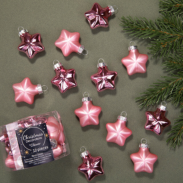 Набор стеклянных елочных игрушек Звезды 4.5 см розовое конфетти mix, 12 шт, Kaemingk, 012153