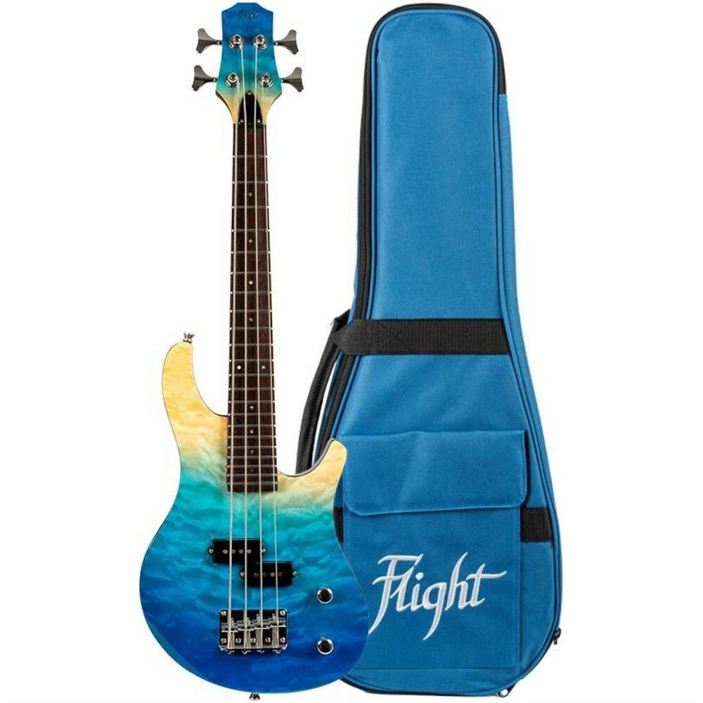 FLIGHT Mini Bass TBL - бас-гитара уменьшенная, цвет transparent blue, чехол в комплекте