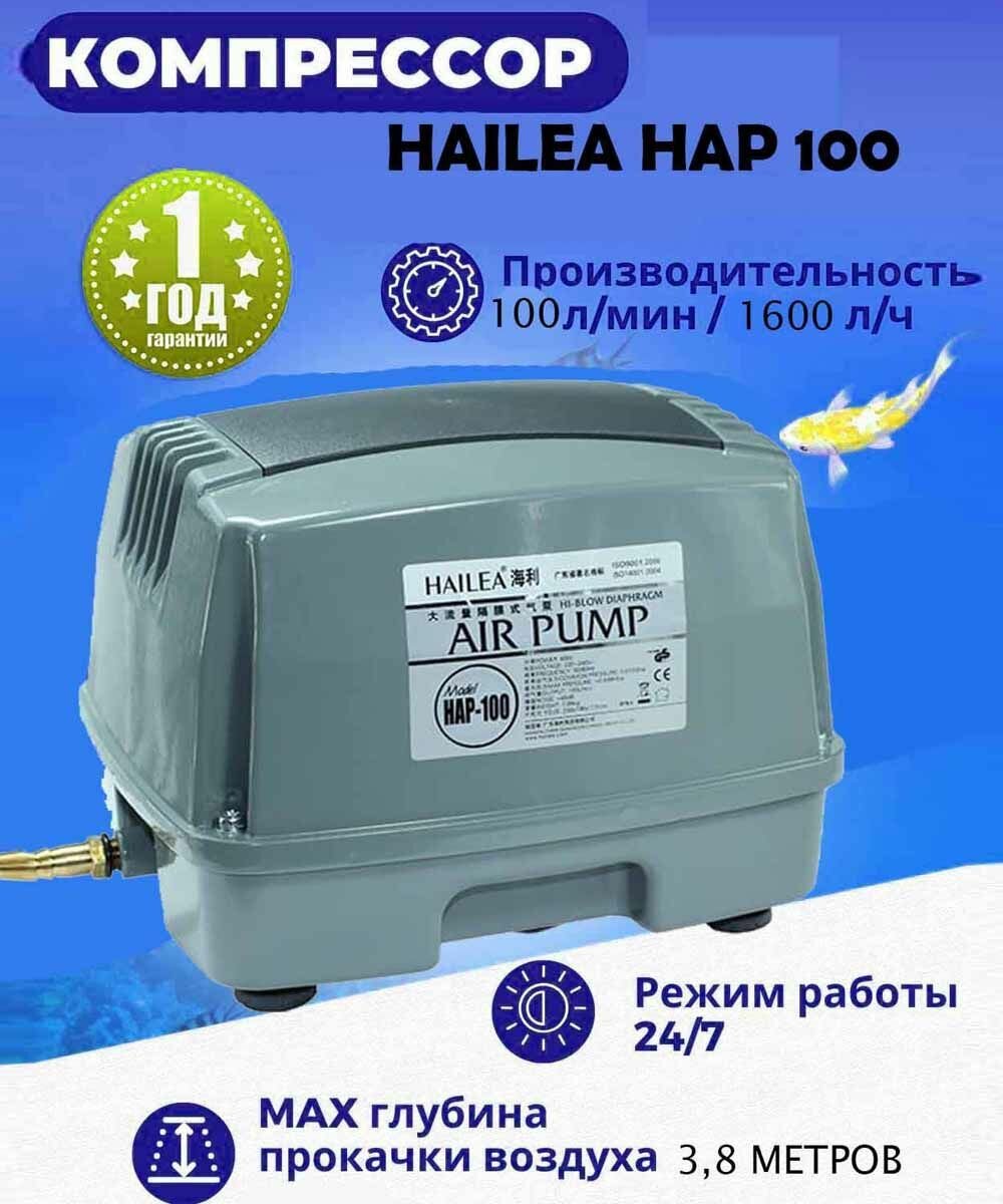 Компрессор воздушный Hailea HAP 100 для аквариума, пруда, септика, коптилен, гидропонный систем, коптилен