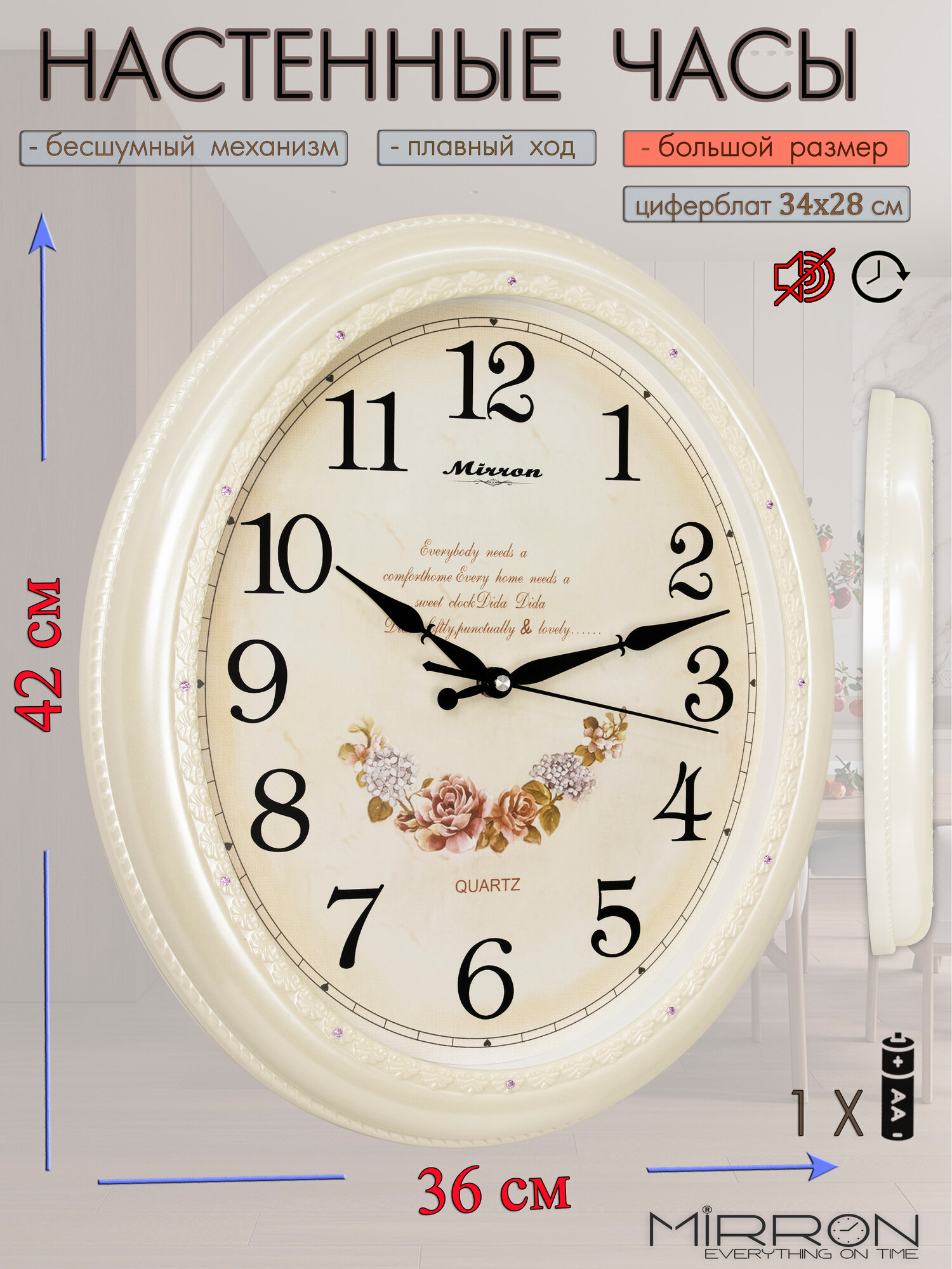Классические настенные часы MIRRON P2852A БПБ/Большие овальные часы/Бесшумный плавный механизм/Кварцевые часы/Корпус белый перламутр/Часы для кухни без тиканья/Крупные цифры/Подарочные настенные часы/Часы в прихожую/Стильные часы для дома и офиса