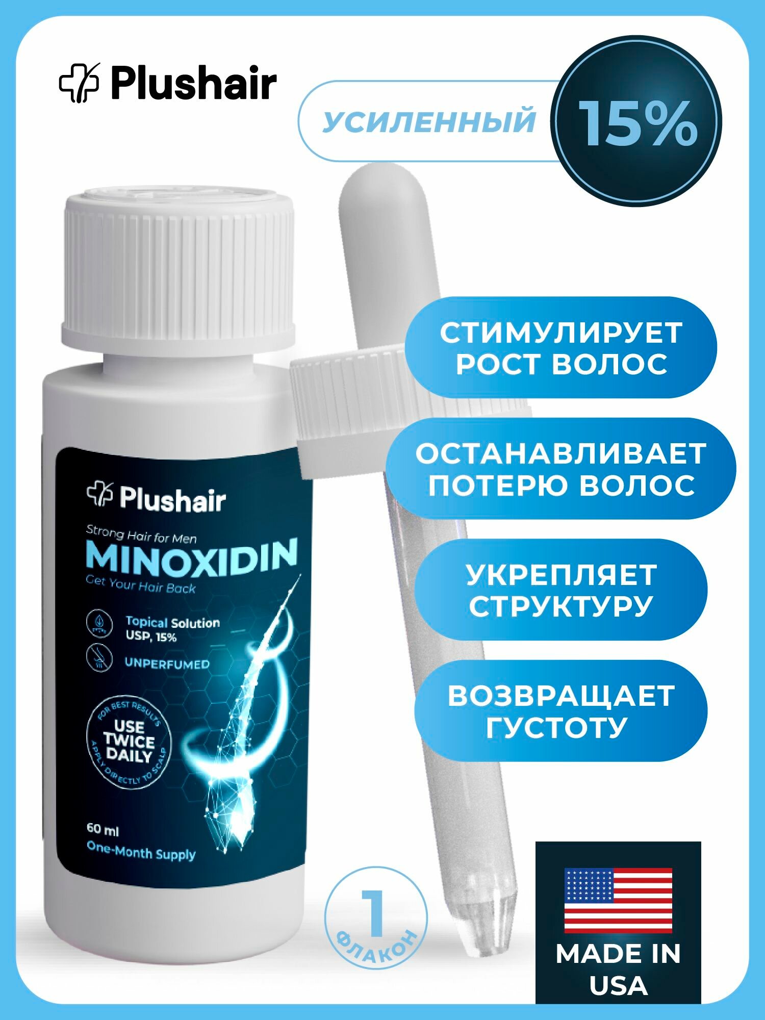 PLUSHAIR Сыворотка для роста волос 15%, лосьон от выпадения волос, бустер активатор для роста бороды, 60 мл