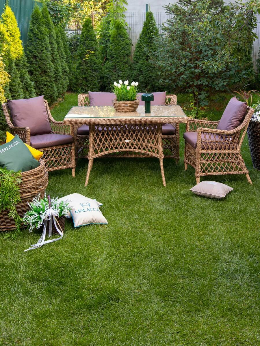 Комплект плетеной мебели Гайс Malacca из ротанга с подушками, обеденный стол+скамья+2 кресла, для улицы