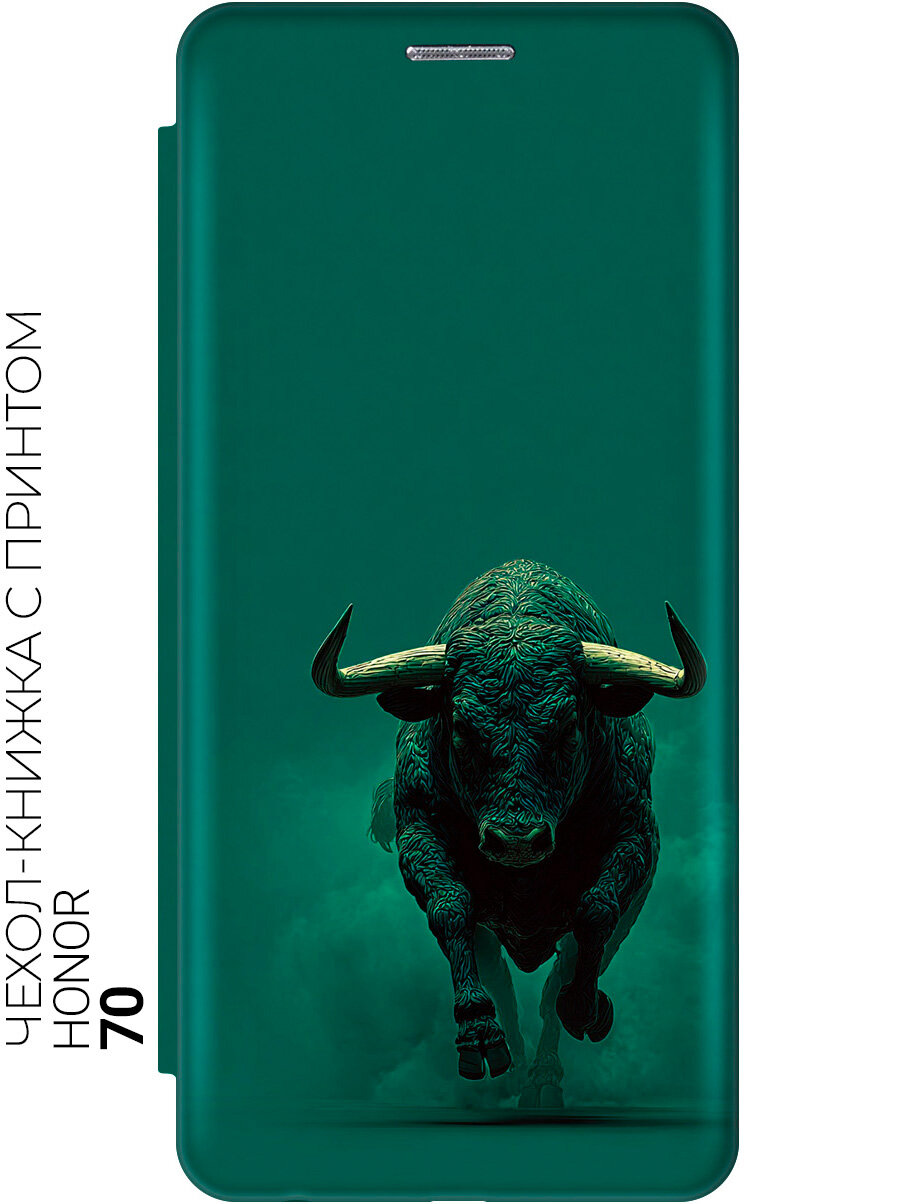 Чехол-книжка на Honor 70 с принтом "Могучий бык" черный