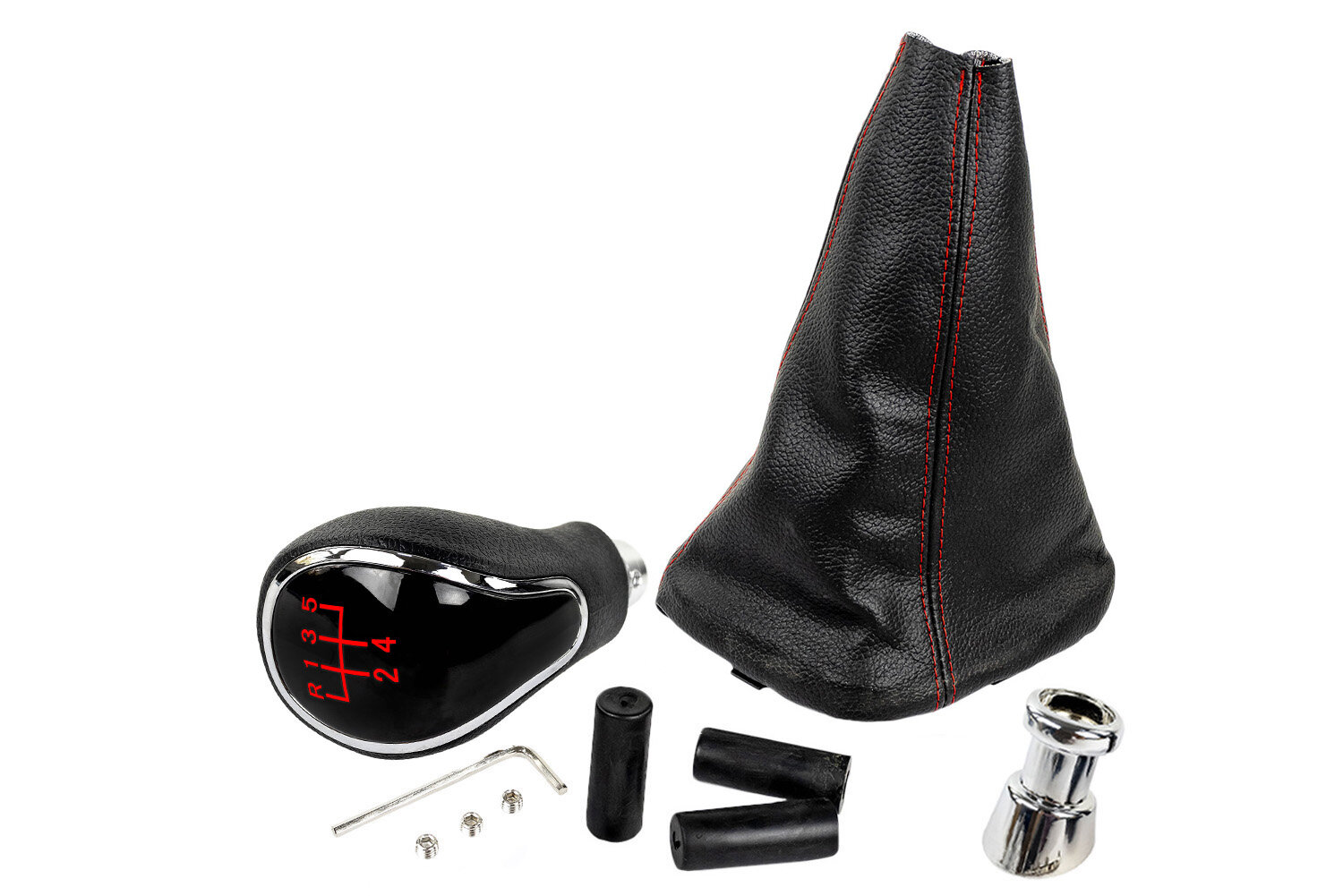 Ручка КПП хром, красная подсветка Sal-Man с пыльником с красной строчкой на ВАЗ 2110, 2111, 2112