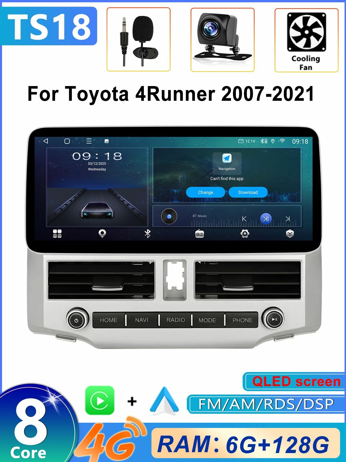 12.3 дюймов Магнитола Toyota 4Runner 5 2007-2021, Carplay, Android,4G, автомагнитола для Тойота 4Раннер