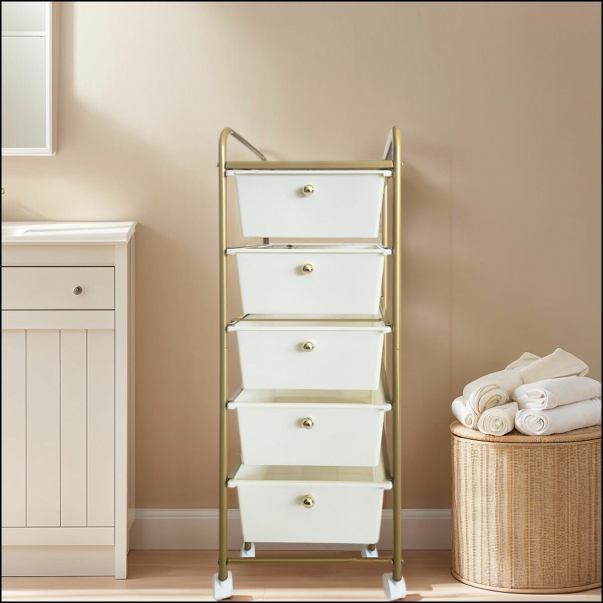 Стильный комод на колесах с 5 ящиками для ванной премиум