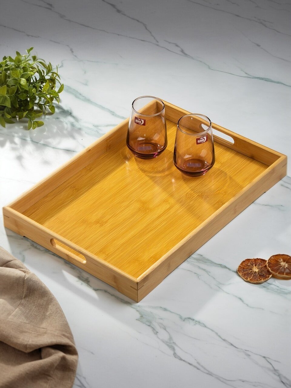 Поднос бамбуковый прямоугольный с ручками 46х33х4.5 см, сервировочный для завтрака и кофе, деревянный Y4-7927