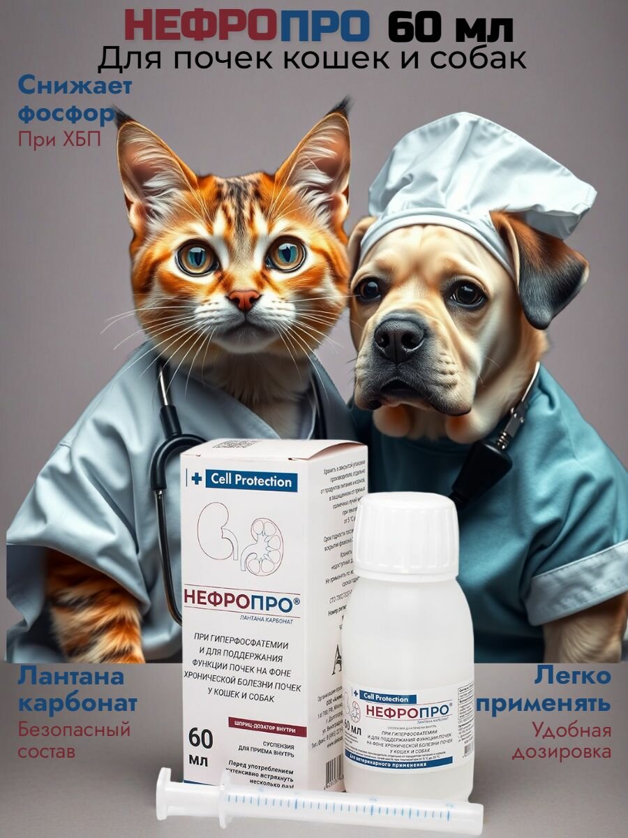 Суспензия НефроПро для лечения гиперфосфатемии и поддержания функции почек у кошек и собак, 60 мл