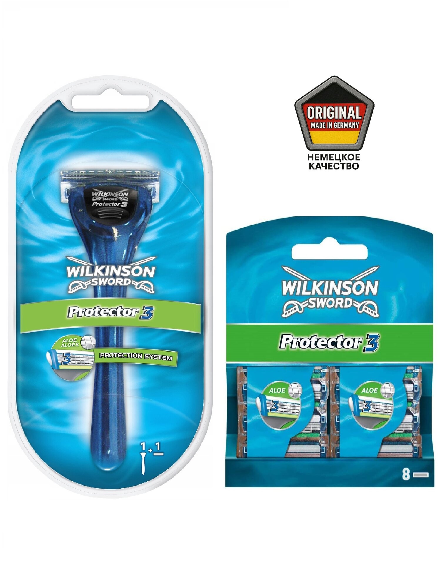 Wilkinson Sword / SCHICK Protector 3 / Бритвенный мужской станок c 1 кассетой + упаковка 8 кассет
