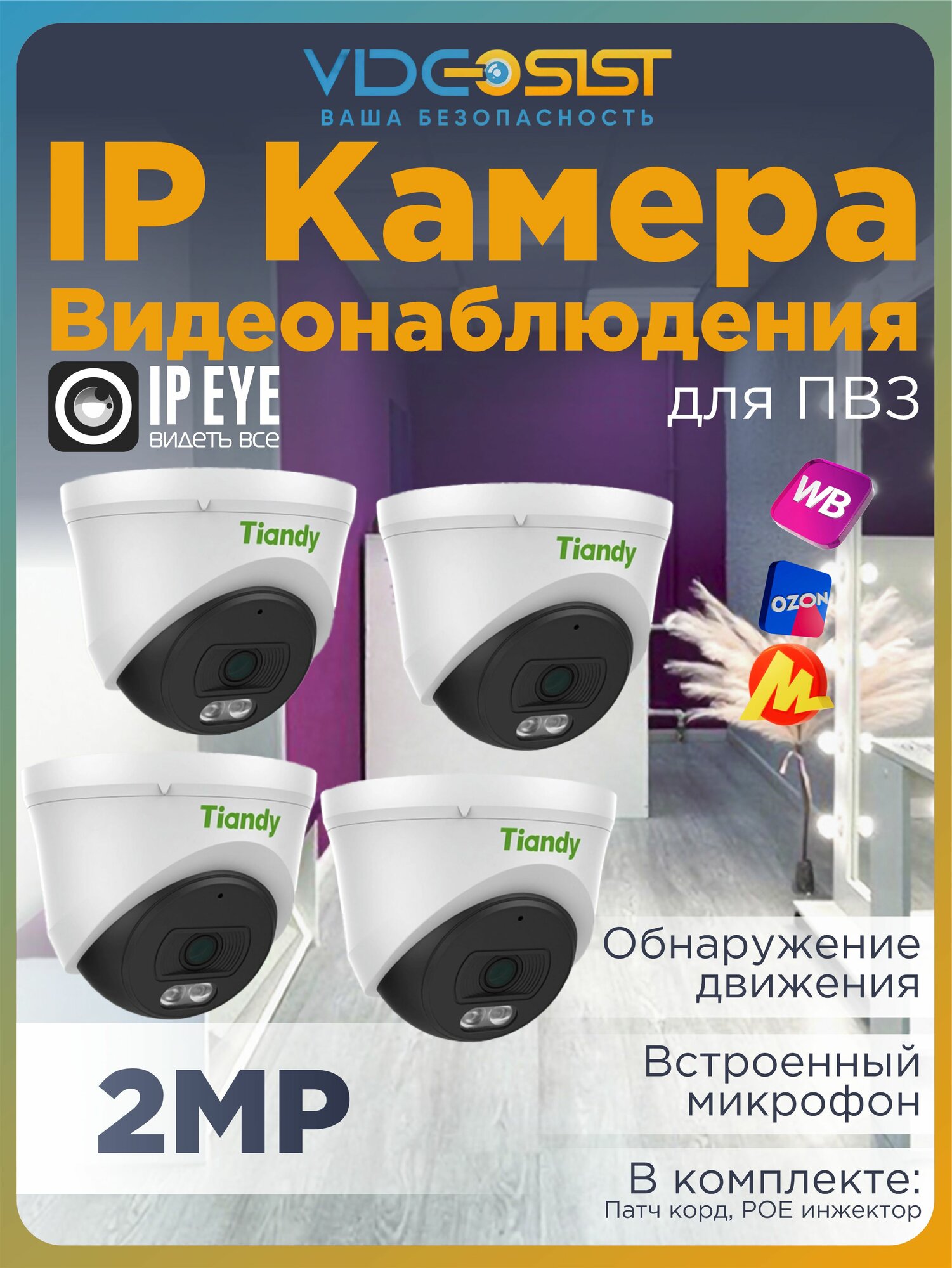 Камера для ПВЗ 4 IP камеры комплект с сервисом IPEYE Tiandy
