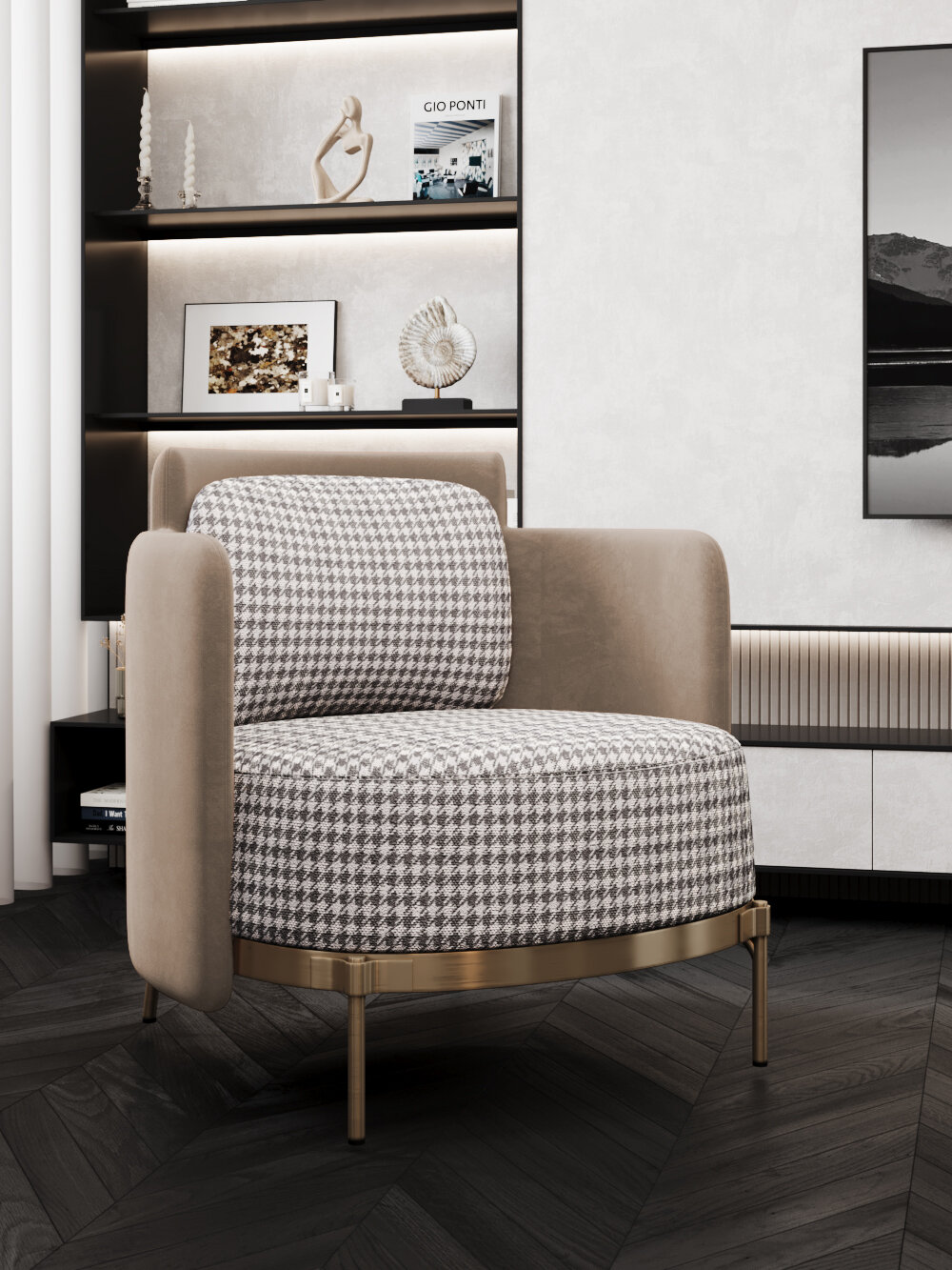 Кресло дизайнерское ROBUSTO GRANDE гусиная лапка и велюр с подлокотниками. Размер 81х42х70х75