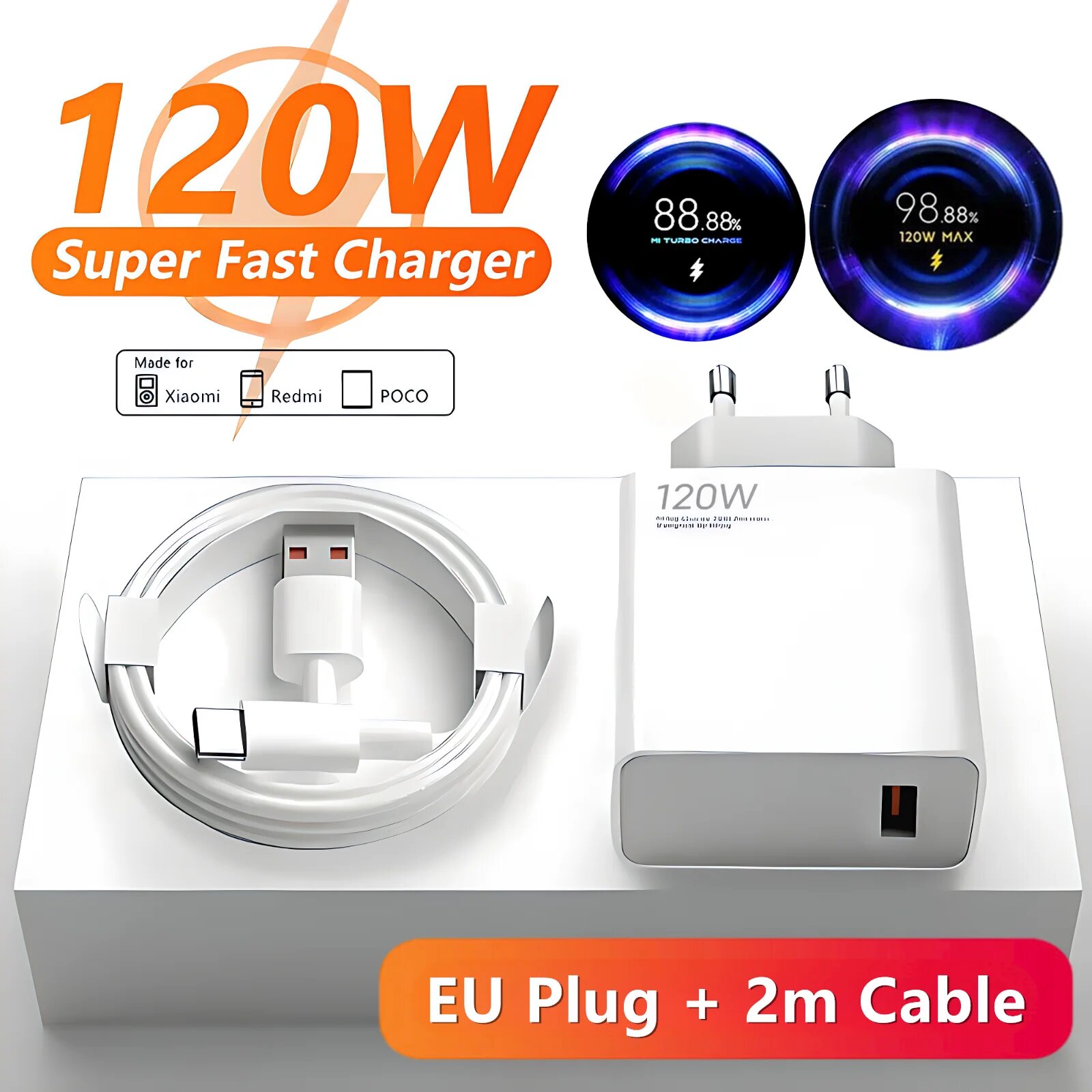 Быстрое Зарядное Устройство USB EU 120W 6A Для Xiaomi 11 12 13 14 15 Ultra, Redmi EU Plug - 2m Cable