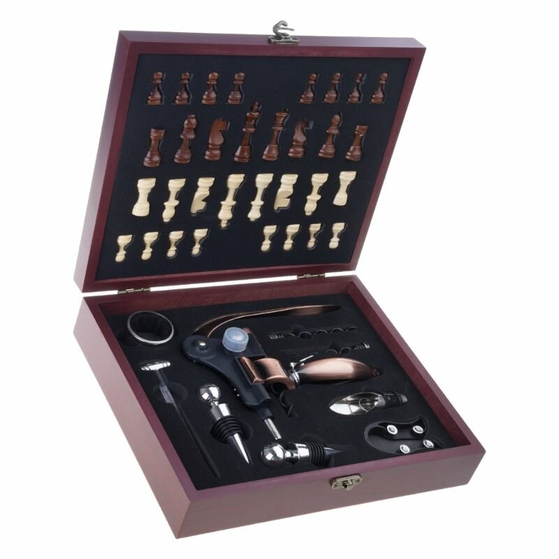 Винный набор для открывания бутылок с кроличьей головой из девяти частей-шкатулка красного дерева шахматной доской, голова кролика красной бронзы