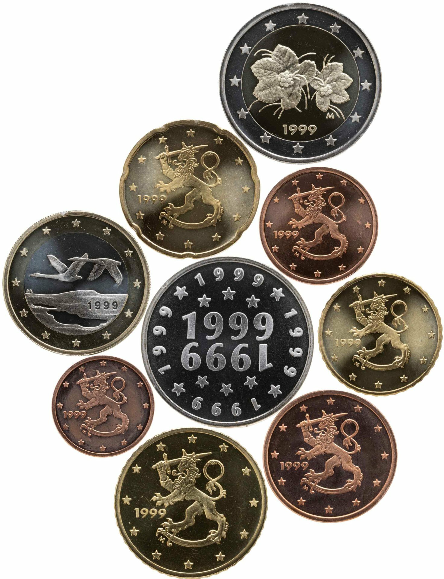 Финляндия полный годовой набор евро пруф 1999 2000 2001 гг, в футляре с сертификатом, Биметалл, в сохранности Proof