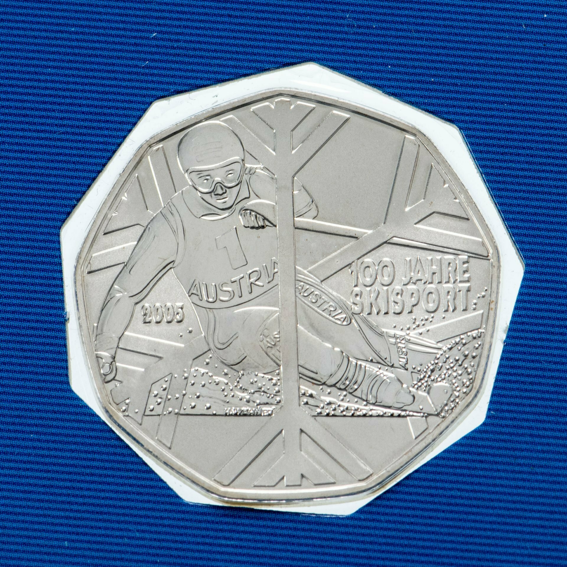 Австрия 5 евро 2005 "100 лет лыжному спорту" BU, Серебро 800, в сохранности BUNC