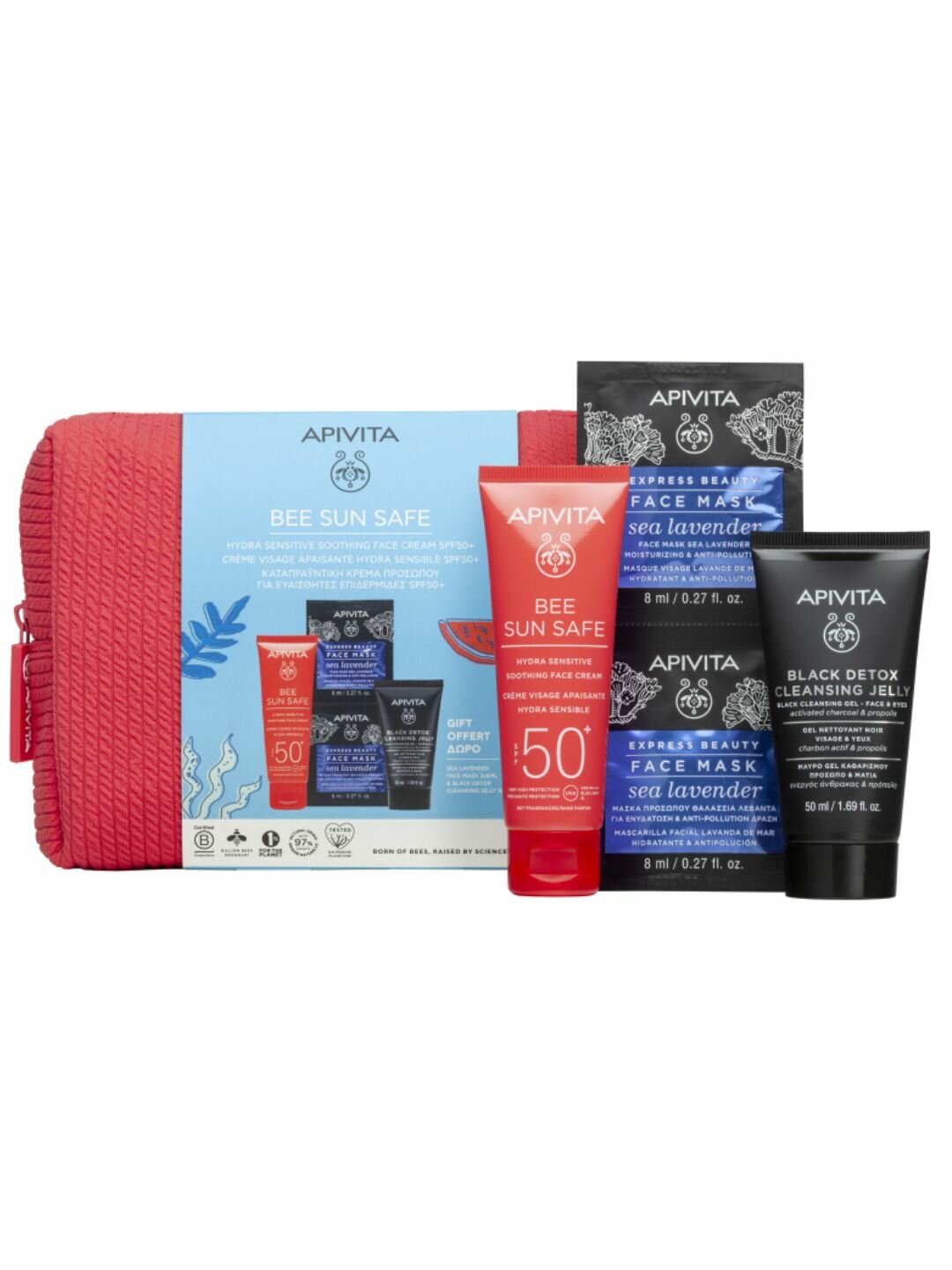 Апивита набор Солнцезащитный с крем SPF50+, 50 мл + Блэк Детокс, 50 мл + Маска для лица с Морской Лавандой, 2*8 мл