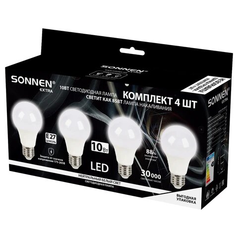 Лампа светодиодная SONNEN EXTRA, 10 (85) Вт, комплект 4 шт, Е27, нейтральный белый, 30000 ч, LED A60-10W-4000-Е27, 457893