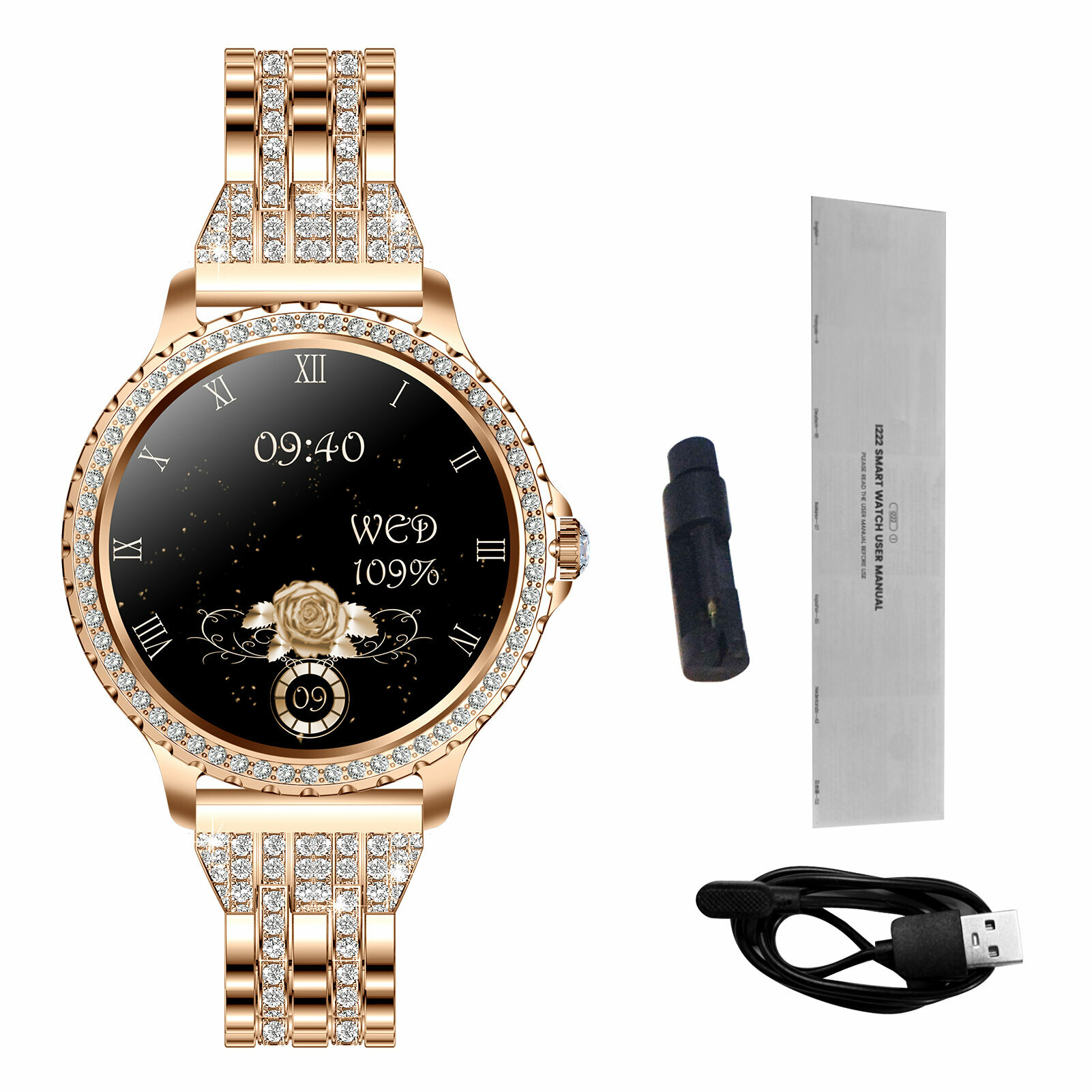 Роскошные женские смарт-часы с Bluetooth-звонками, мониторингом здоровья, отслеживанием сна, более чем 20 спортивными режимами, водонепроницаемым фитнес-трекером с сенсорным экраном, голосовым помощником и золотыми бриллиантами в два ряда.