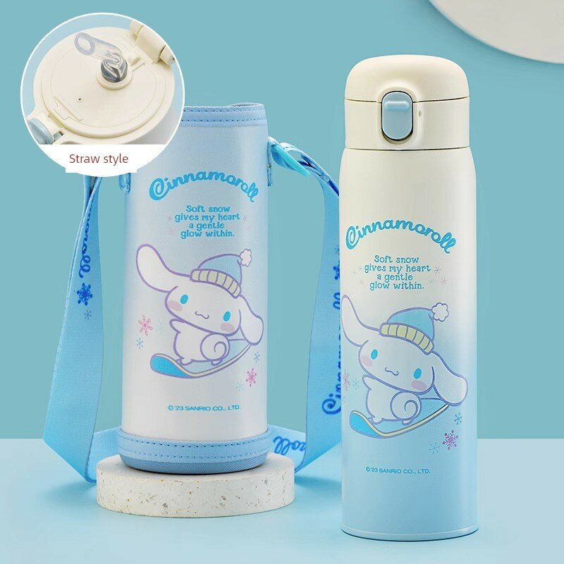 Cinnamoroll White Gradient 480 мл термокружка из нержавеющей стали 316 с соломкой и кожаным чехлом - детский школьный