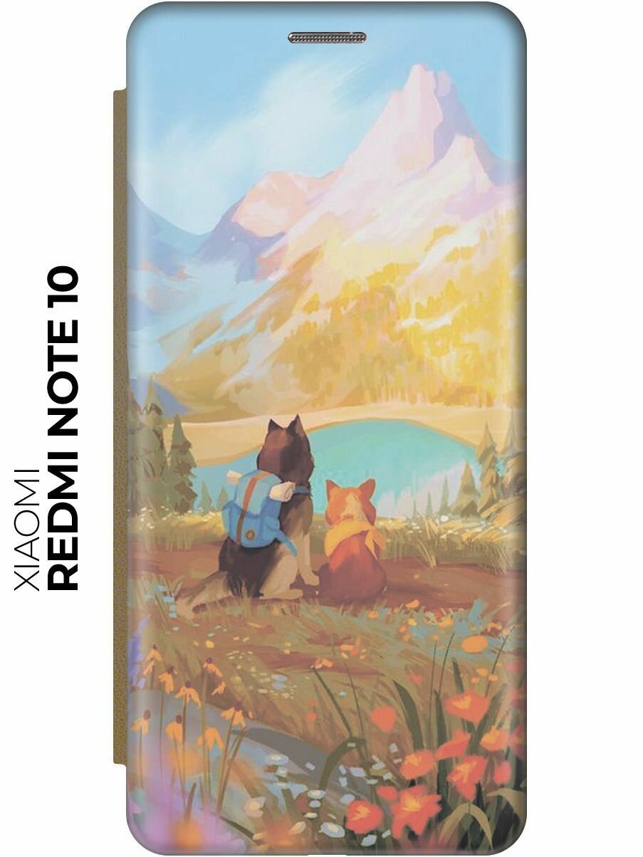 Чехол-книжка Собаки путешественники на Xiaomi Redmi Note 10 / Note 10S / Poco M5s / Сяоми Редми Ноут 10 / Ноут 10С / Поко М5с золотой