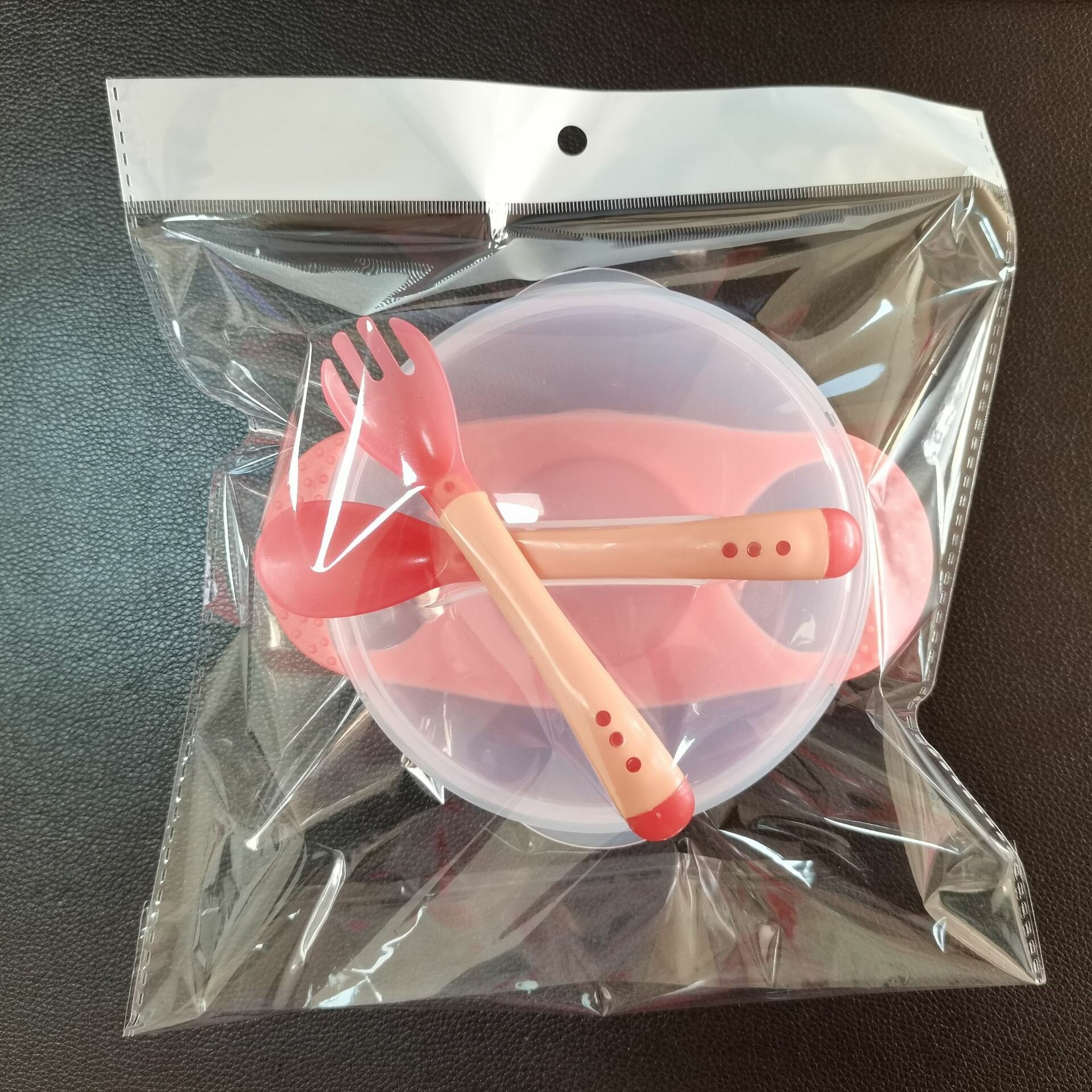 Набор детской посуды "Миска на присоске", с термочувствительными ложкой и вилкой, красный, в полиэтиленовом пакете