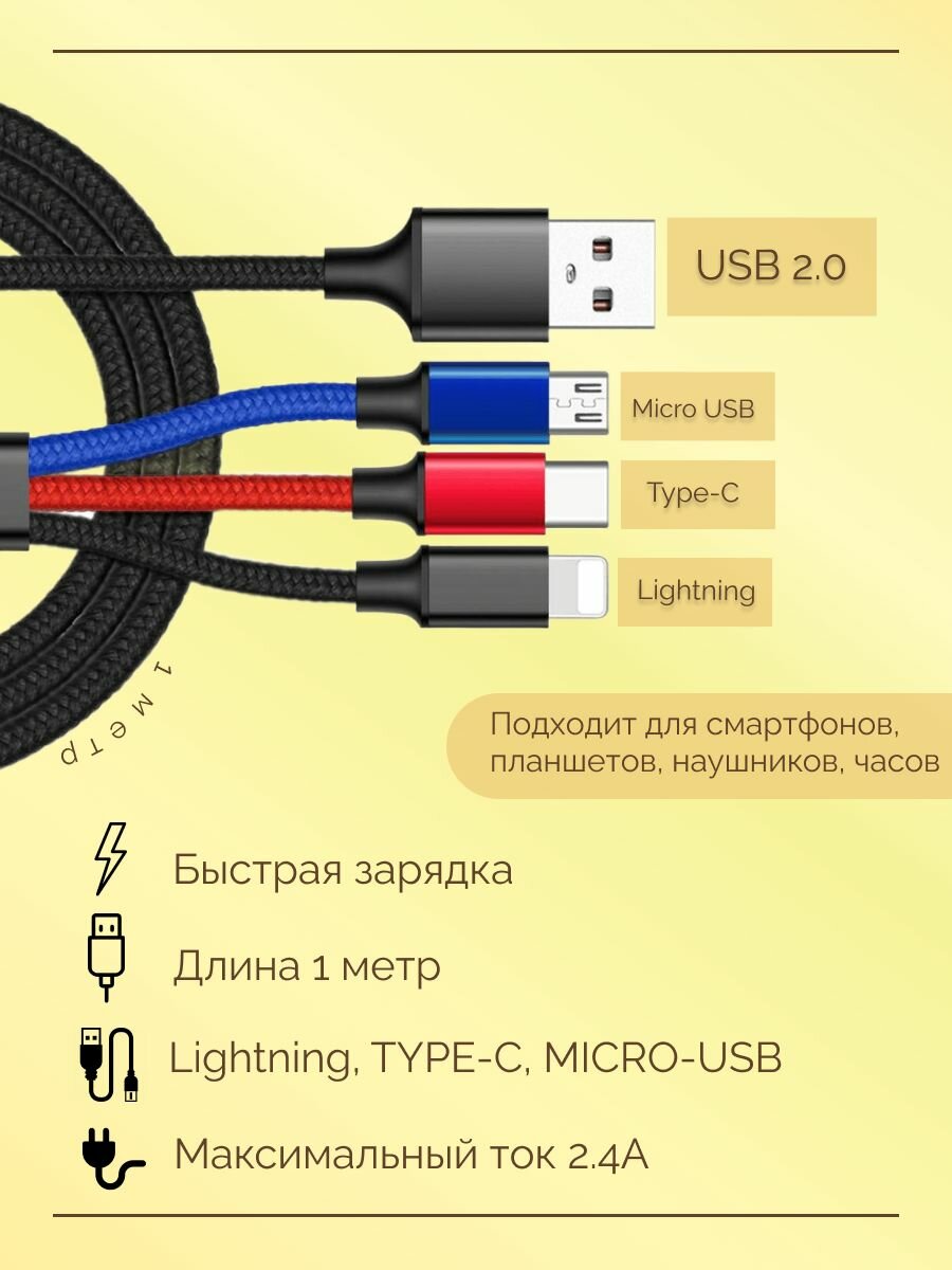 Кабель 3 в 1 для зарядки телефона, Type C + Lightning + MicroUSB / Тайп си + Лайтнинг + Микро / Для Iphone и Android, Быстрая зарядка 2,4А / 1,2м / Цветной