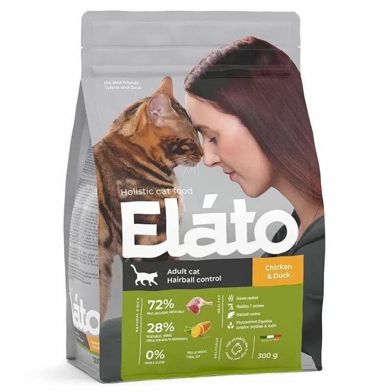 Elato_ Сухой корм Elato Holistic для кошек с курицей и уткой для выведения шерсти, 0,3кг 0.3 кг