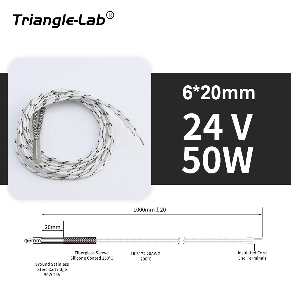 Нагревательный картридж Trianglelab® 6x20 мм, 50Вт, 24В