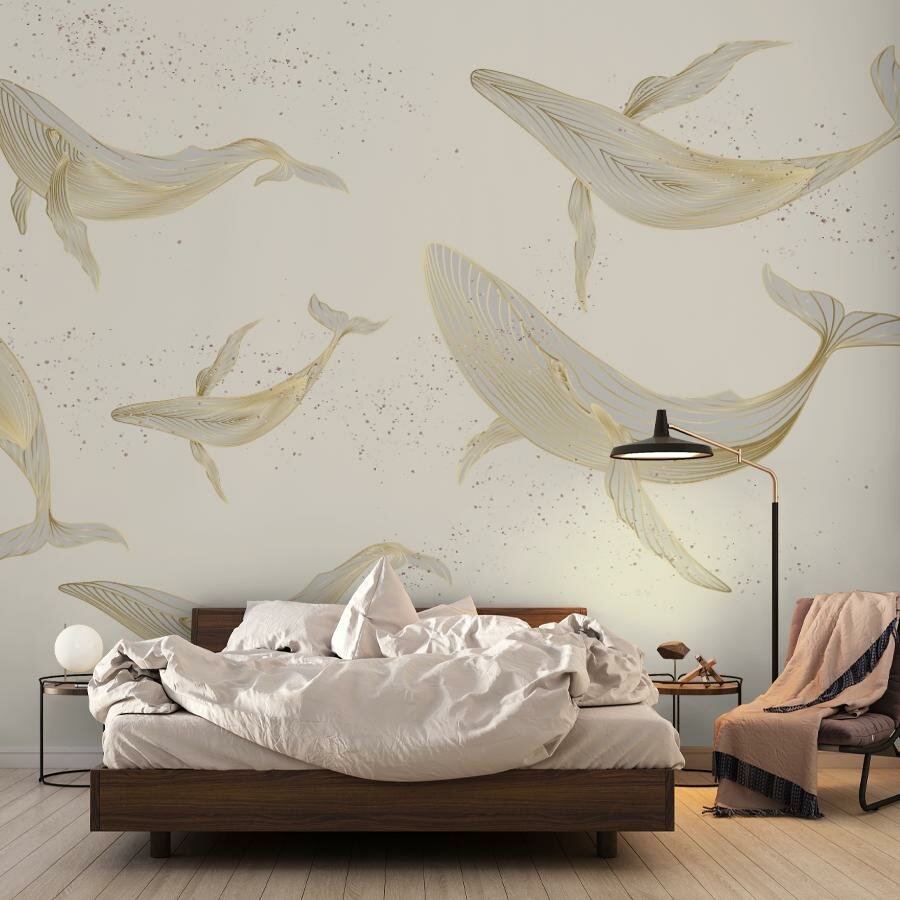 Фотообои Киты бежевые в гостиную 14-1210-S-Холст 270 x 200 см (ВхШ) Бесшовные, флизелиновые, влагостойкие обои