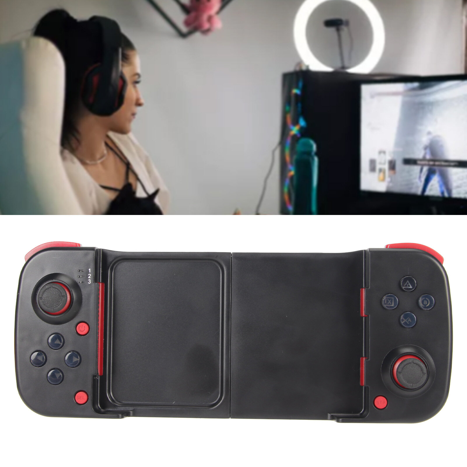 Bluetooth Mobile Game Controller Stretchable Wireless Phone Gamepad для Android, IOS, PS3, материал ABS, подключение BT 5.0, расстояние до 8м, размеры креплений 135-173мм, встроенная батарея 350mAh, совместим с Windows 10, Switch, USB проводное