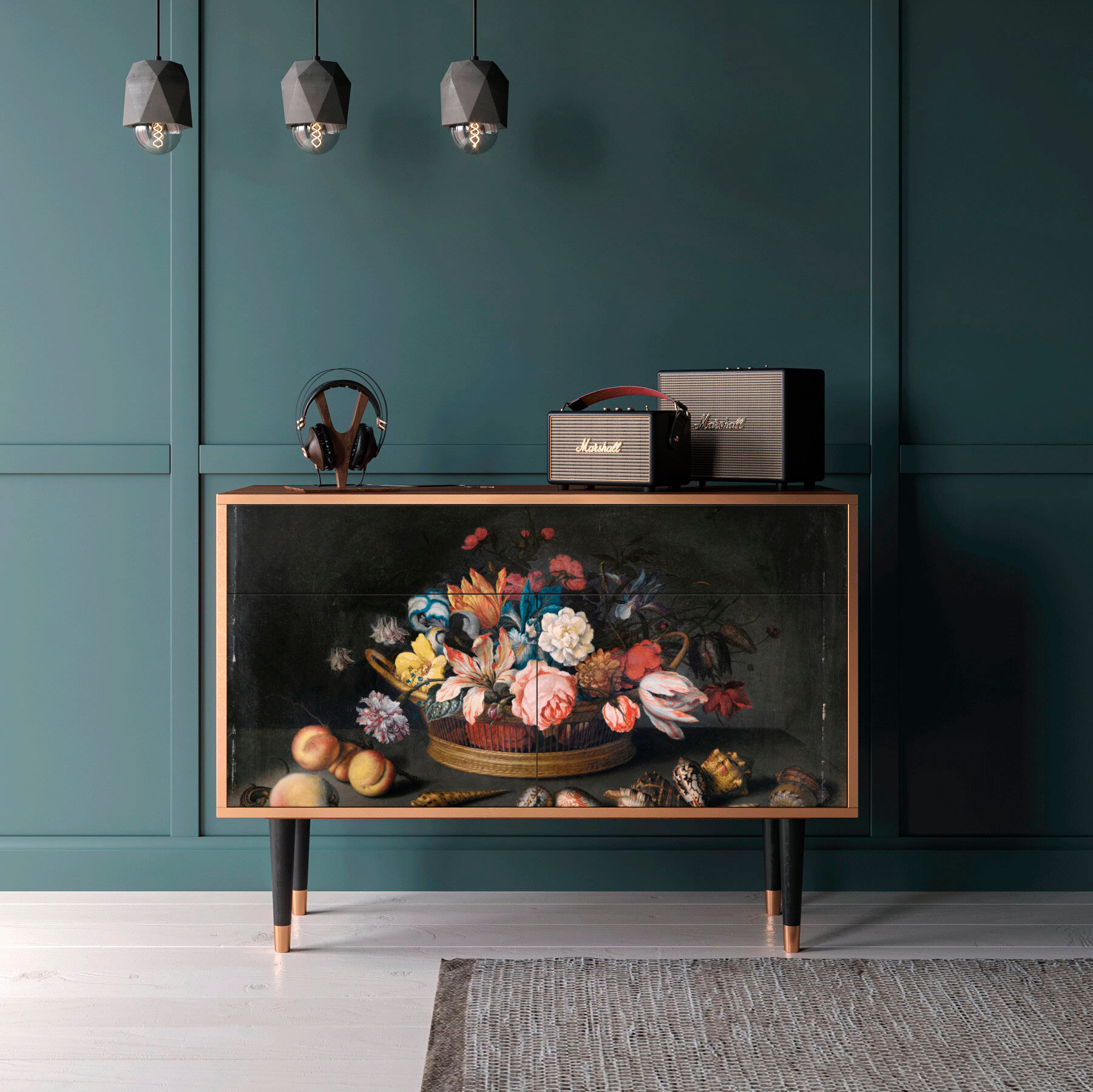 Комод - STORYZ - BS4 Still Life with Flowers and Shells by Balthasar van der Ast, Размер - 115 x 85 x 48 см, Цвет корпуса - Орех