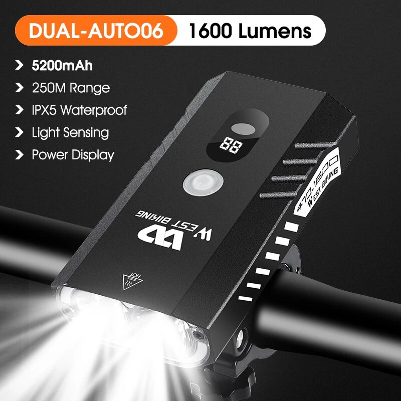 WEST BIKING Фонарь для велосипеда 1600 люмен 1600LM DUAL-AUTO06