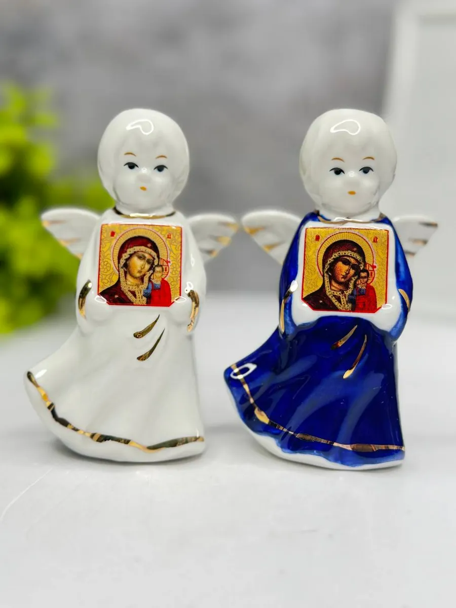 Набор фарфоровых фигурок Ангелочки с иконой Божья Матерь, 10 см