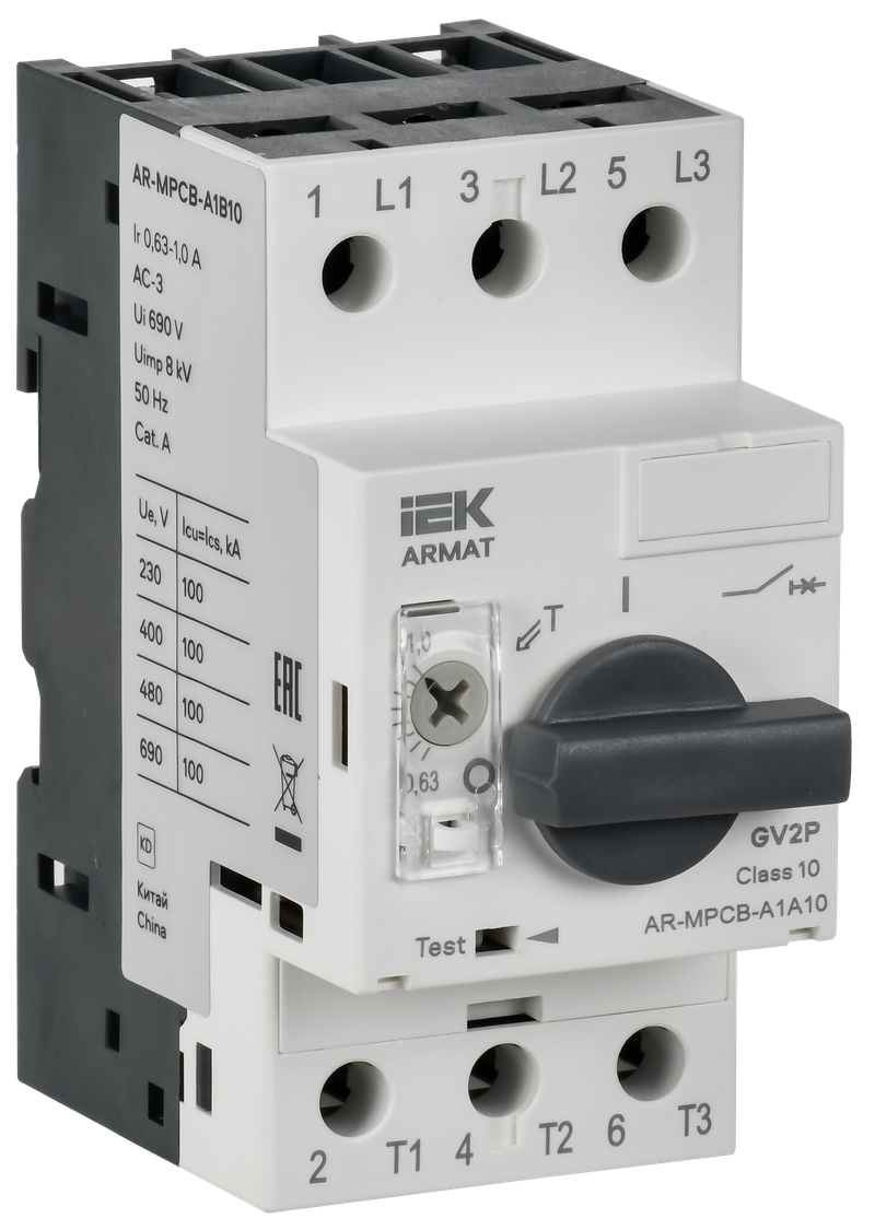 Автомат защиты двигателя IEK / ИЕК ARMAT A1 GV2P с термомагнитным расцепителем, трехполюсной, в пластиковом корпусе, серый, 0.63-1А, IP20 / электрика