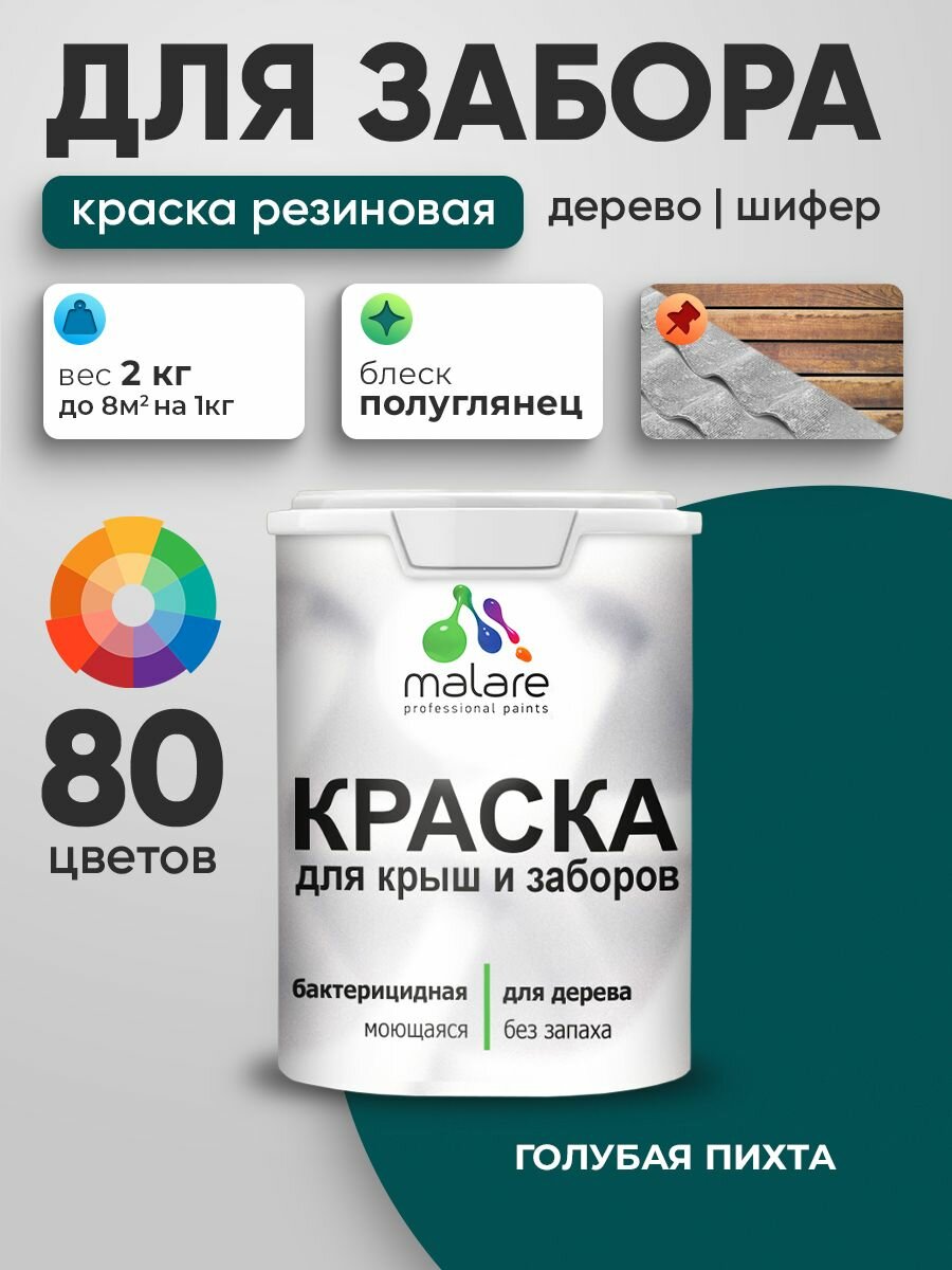 Резиновая краска Malare для деревянного забора/ по дереву для наружных и внутренних работ/ быстросохнущая моющаяся без запаха полуглянцевая, голубая пихта, 2 кг.