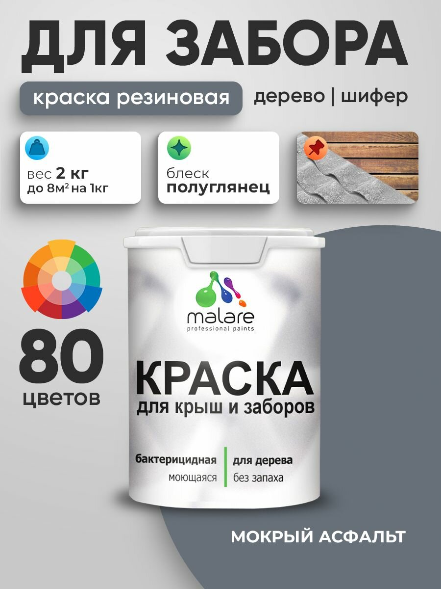 Резиновая краска Malare для деревянного забора/ по дереву для наружных и внутренних работ/ быстросохнущая моющаяся без запаха полуглянцевая, мокрый асфальт, 2 кг