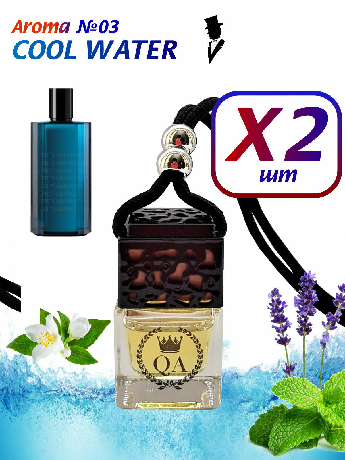 Ароматизатор в машину Queen Aromatica - Flacon - Cool Water (Набор 2 шт)