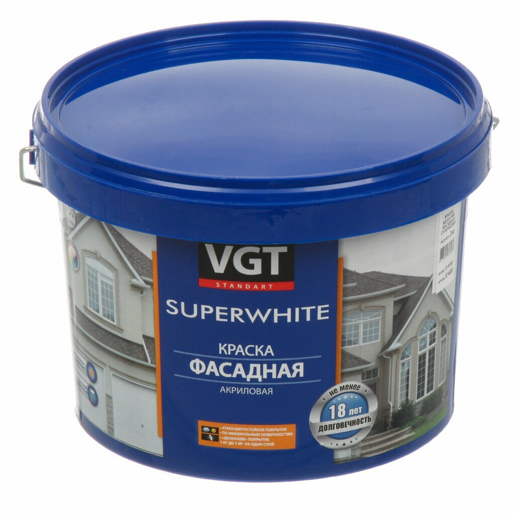 Краска воднодисперсионная, VGT, акриловая, фасадная, матовая, супербелая, 3 кг