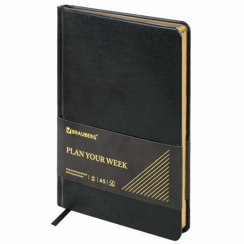 Еженедельник недатированный А5, 145х215 мм, BRAUBERG "Iguana", под кожу, 64 л, черный, 114478